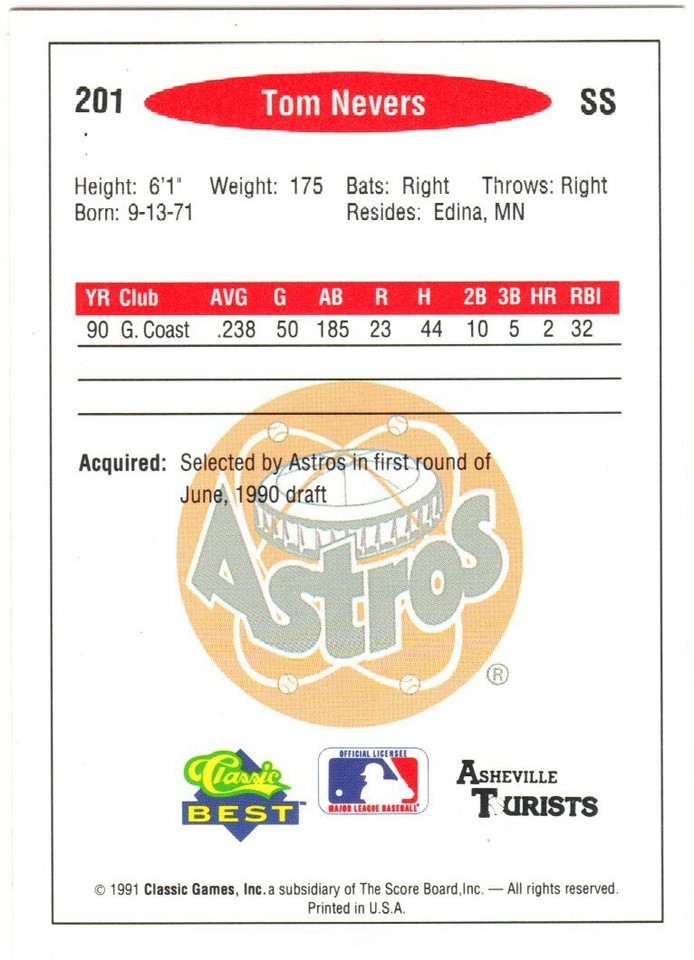 Tom Nevers Autograph 1991 Classic Best Minor League Auto Card ASTROS | eBay