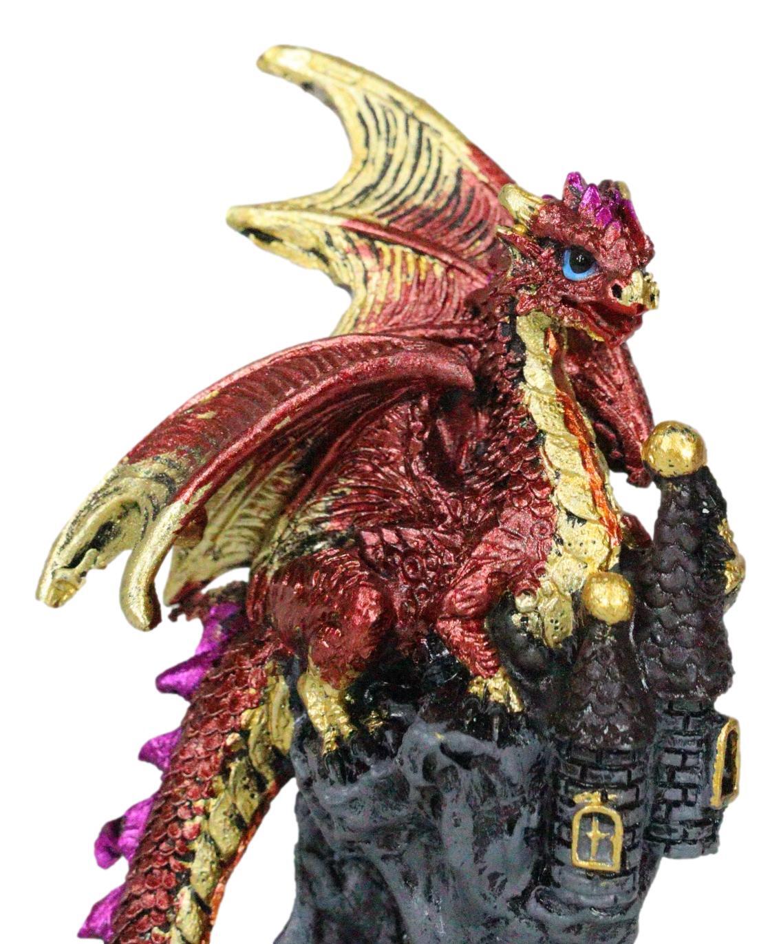 Metallic Crimson Red Dragon Guarding Castle Tower On Mountain Cliff ...