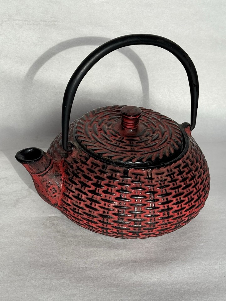 Red Cast Iron Tetsubin Style Teapot Enameled Interior Tea Pot w ...
