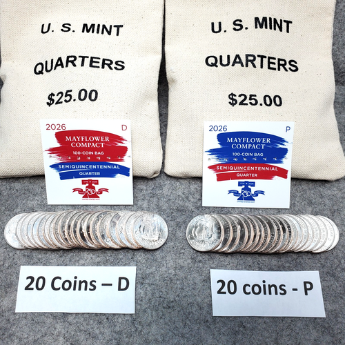 2026 D & P Mixed Roll of Mayflower Compact Quarters 20 Coins From Each ...