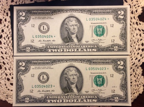 2013 TWO DOLLAR BILL,STAR NOTES,SEQUENCIAL NUMBERS,BU,CRISP(lot of 2 ...