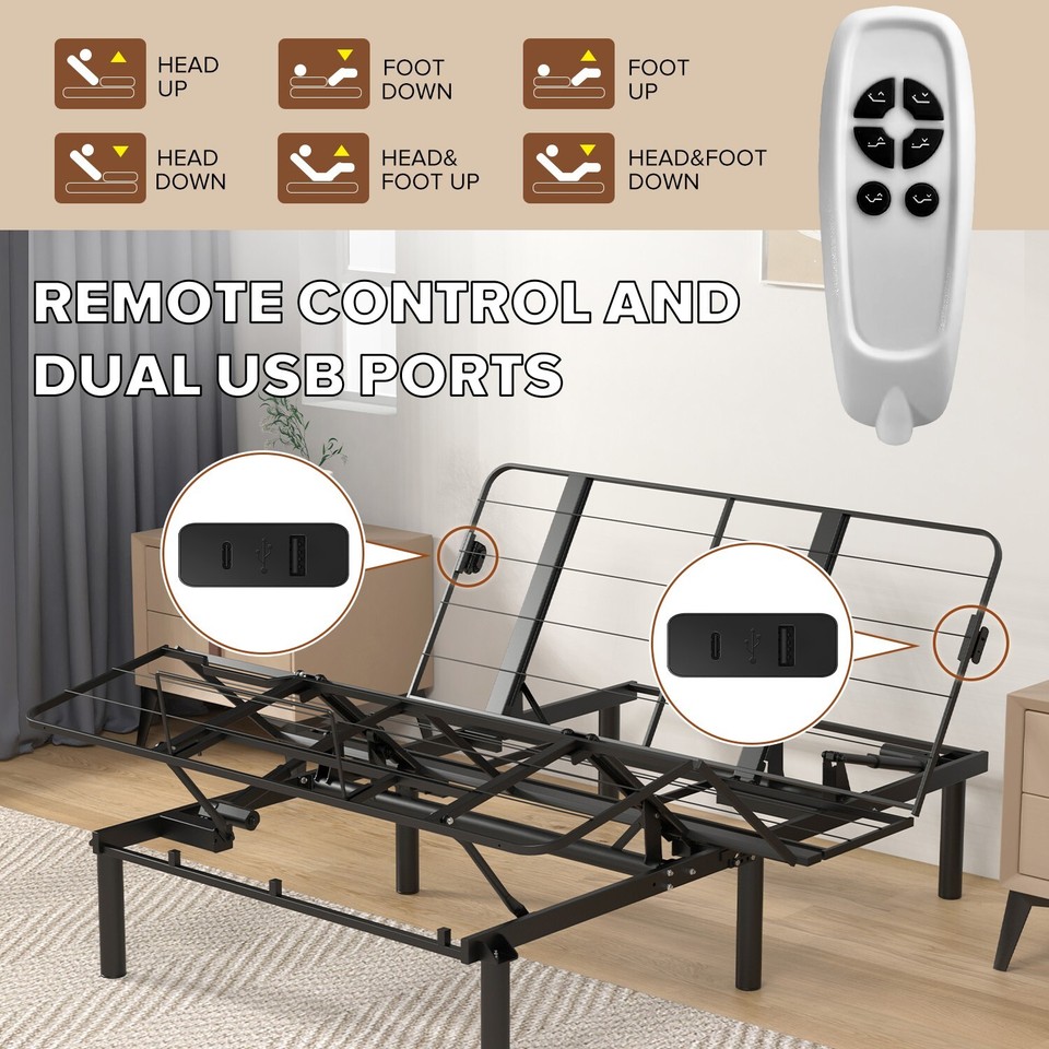 Queen Size Zero-Clearance Adjustable Bed Base W/Incline, Dual USB A+C ...