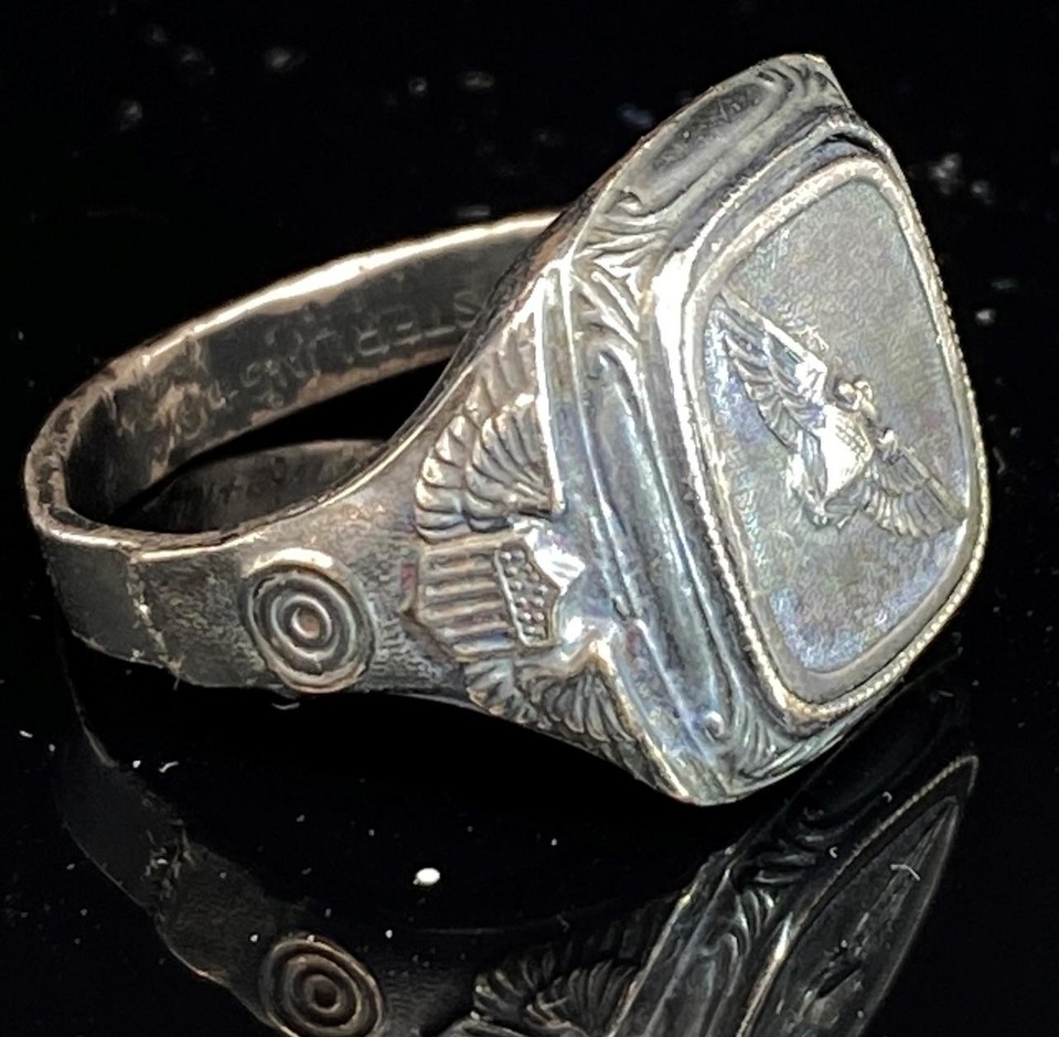 925 10k WWI or WWII US Naval Aviator Flight Wings Signet Ring Sz 9 R254 ...