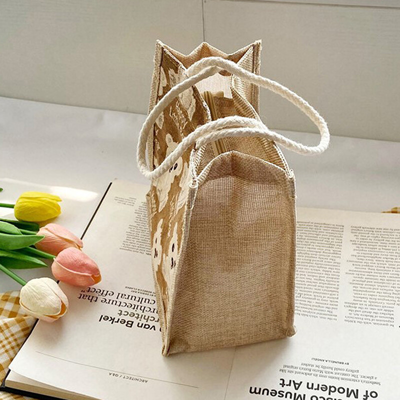 Women Cute Bear Pattern Shoulder Bag Flax Girl Student Handbag Mini ...