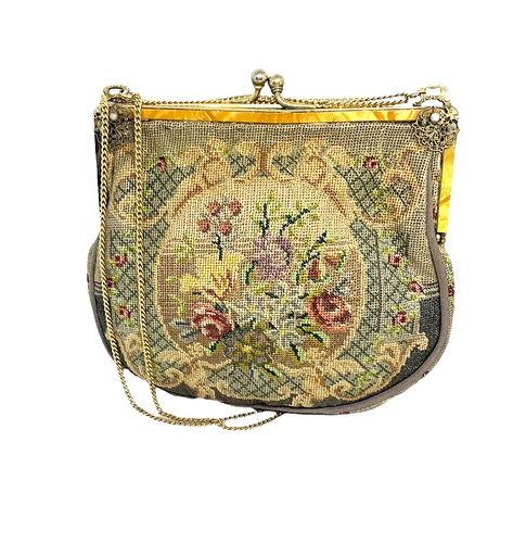 Vintage Petit Point Purse Floral Metal Frame and Chain Mother Pearl ...