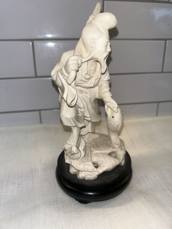 Vtg. Carved Celluloid Resin Asian Fisherman Figurine Statue On Pedestal ...