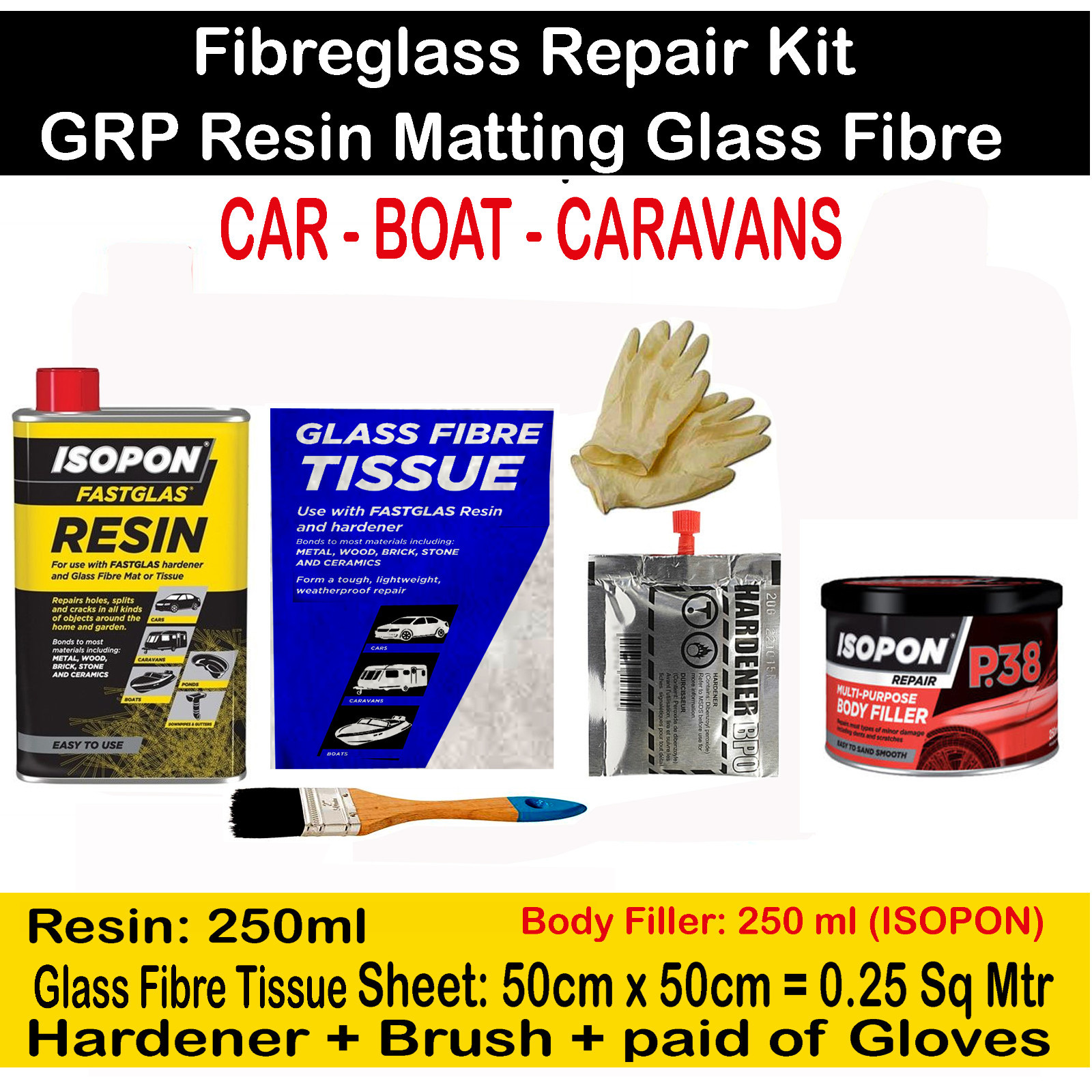 Fibreglass Repair Kit GRP Resin Glass Fibre Tissue Sheet P38 Body ...