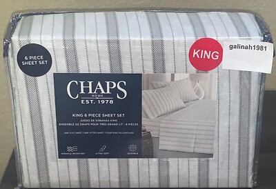 CHAPS by Ralph Lauren 6pc King Sheet Set with 4 Pillowcases Grey Dashed ...