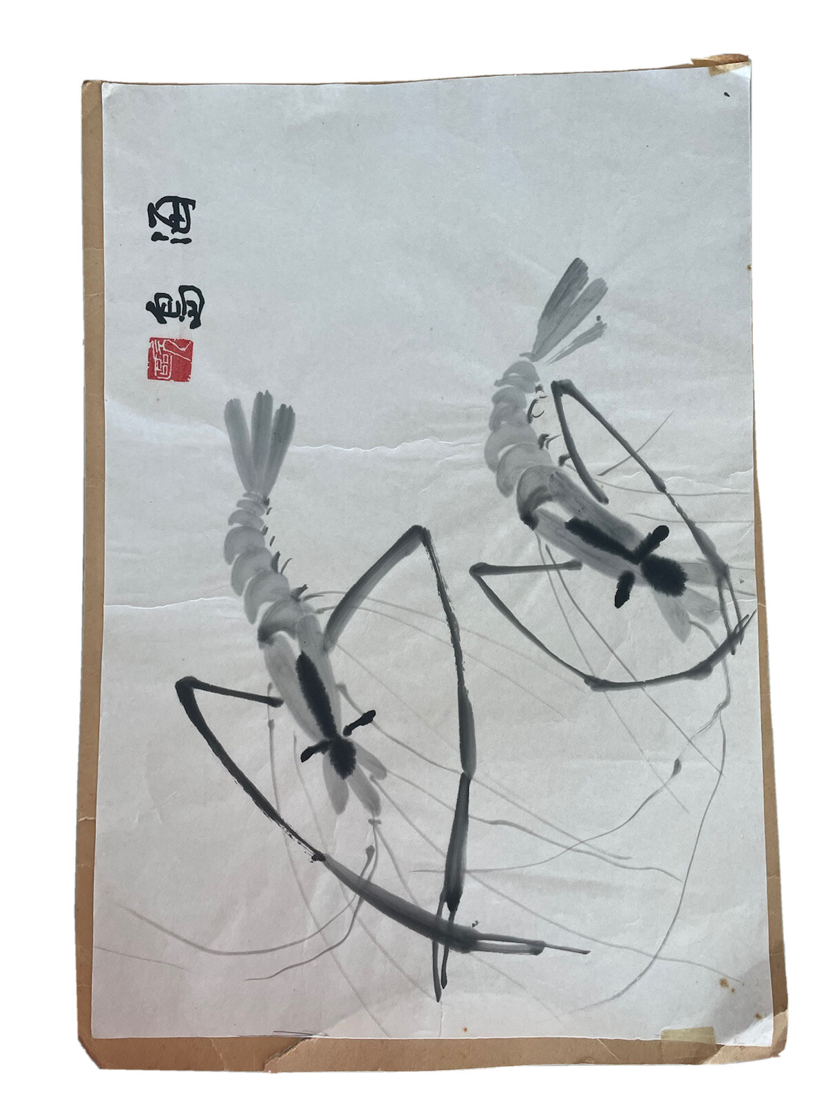 Chinese Old calligraphy painting "Qi Baishi shrimp" Rice Paper Singed ...
