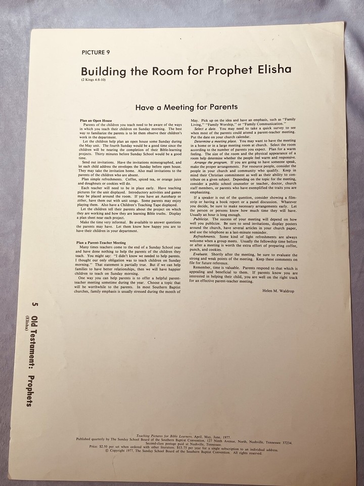 1977 Sunday School Picture Poster 12x17 BUILDING THE ROOM FOR PROPHET ...