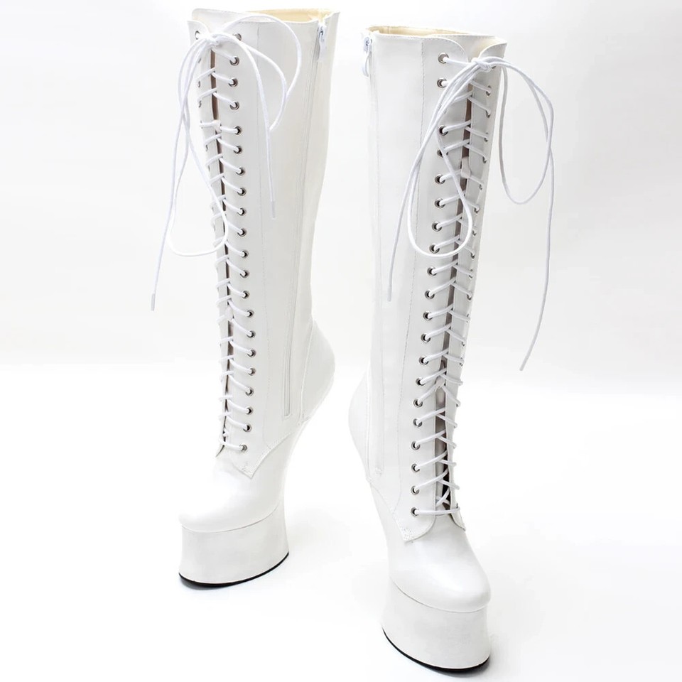 Women Boots White Knee High Hoof Heeless Boots Ultra High Ponyplay ...
