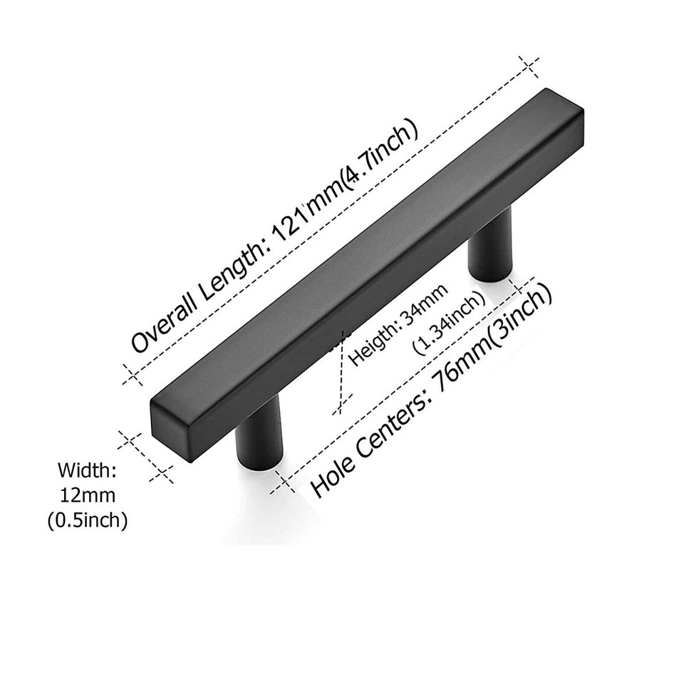 1-50X Modern Matte Black Square T Bar Handle Pull Kitchen/Bath Cabinet ...