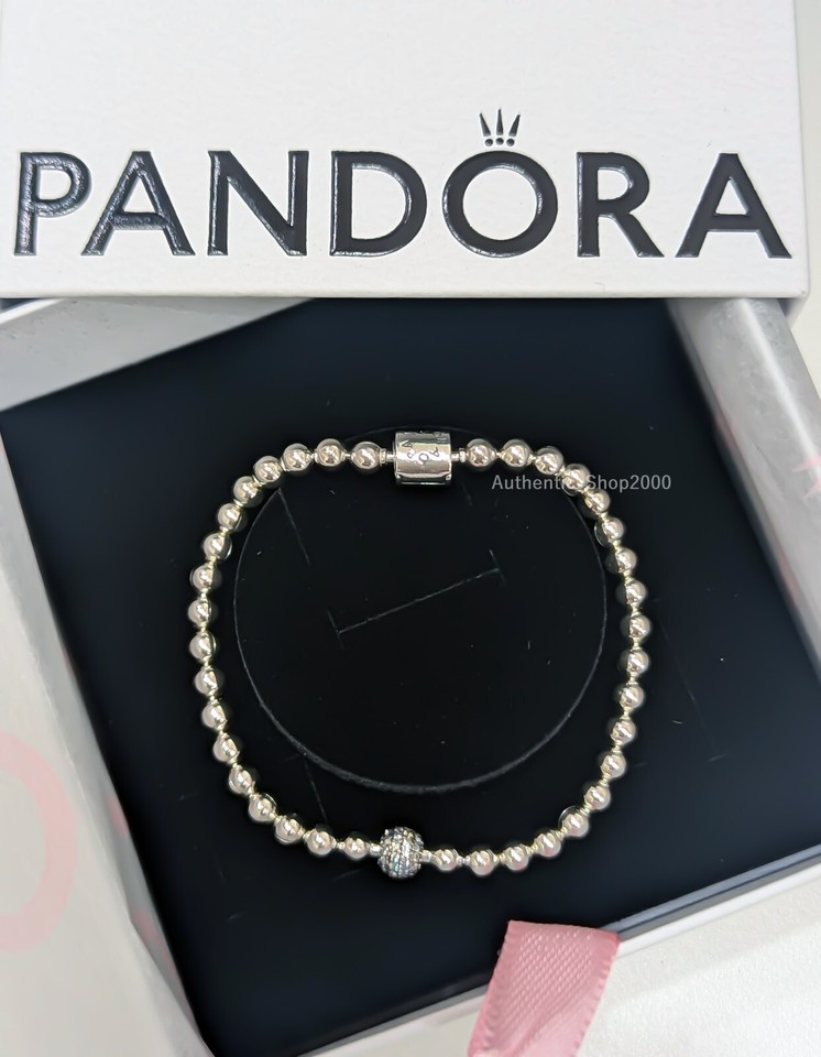 NEW 100% Authentic PANDORA 925 Silver Beads & Pave Ball Chain Bracelet ...
