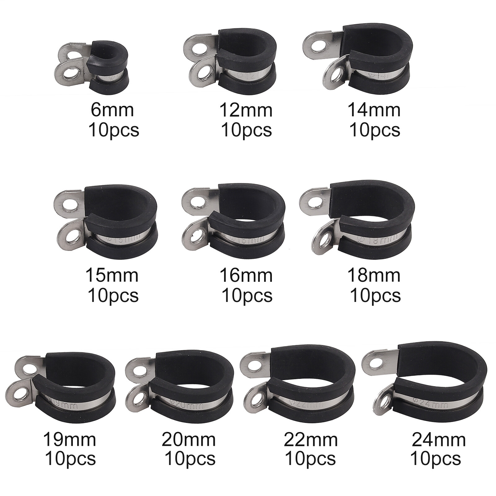 100 X Stainless Steel P Clips Rubber Lined Cable Hose Clamp Pipe Holder ...