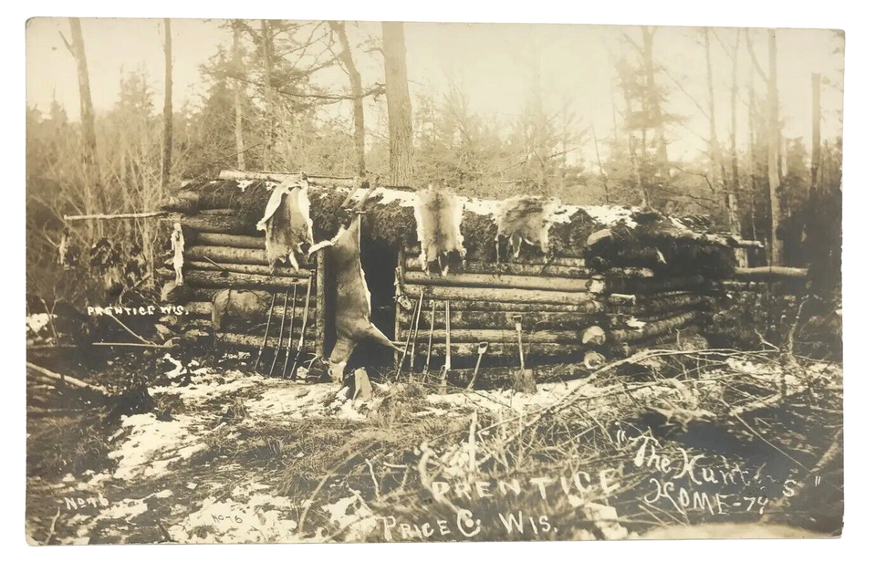 Antique RPPC Hunting Hunters Log Cabin Guns Rifles Animal Hides Deer ...