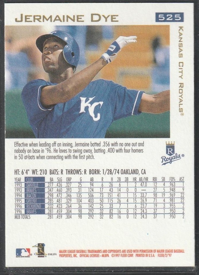 152, Original Autograph, Jermaine Dye; Kansas City Royals, 1997 Fleer ...
