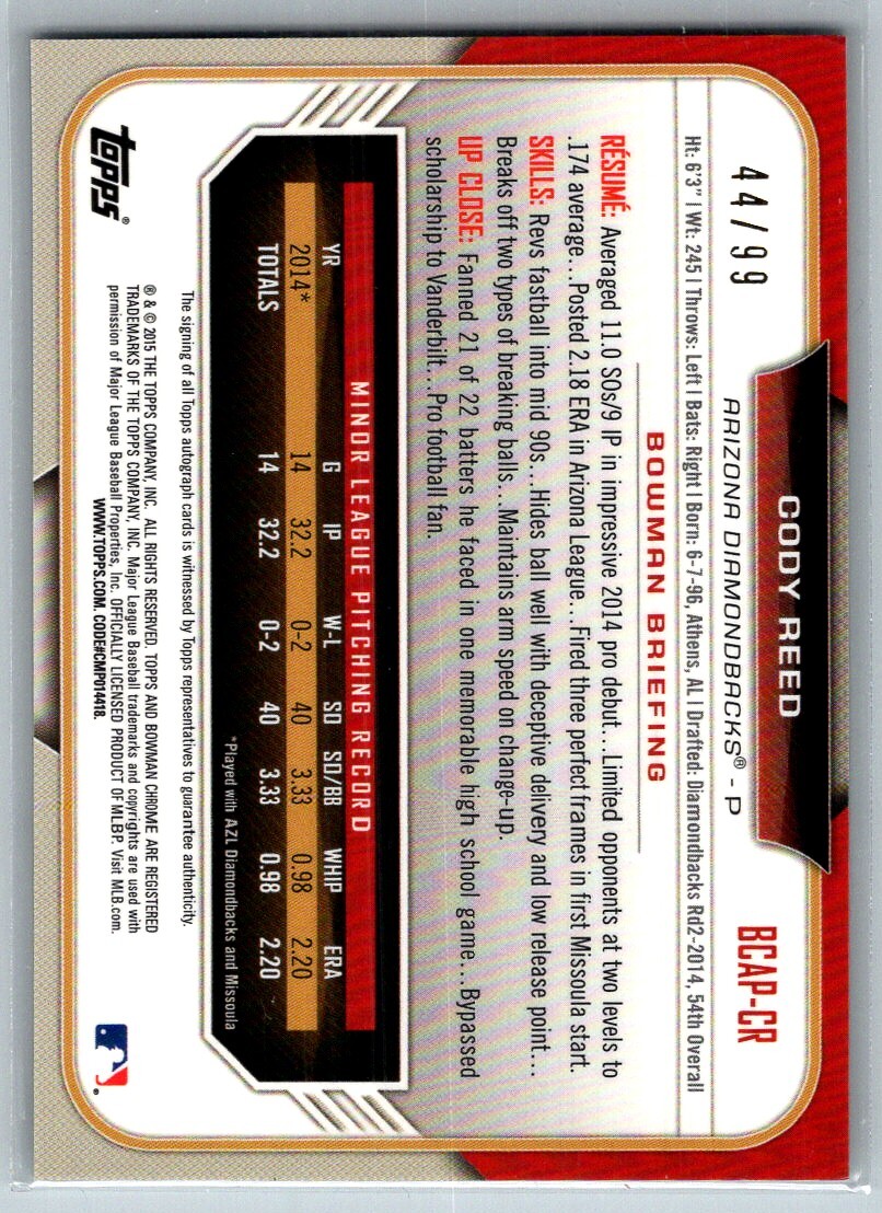 Cody Reed 2015 Bowman Chrome RC Autograph Green Refractor Rookie Auto ...