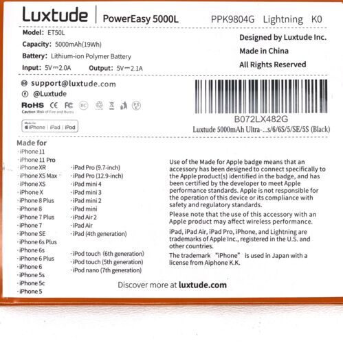 Luxtude ET50L 5000mAh Slim Power Bank Built-in Cable Fits Apple MFi ...