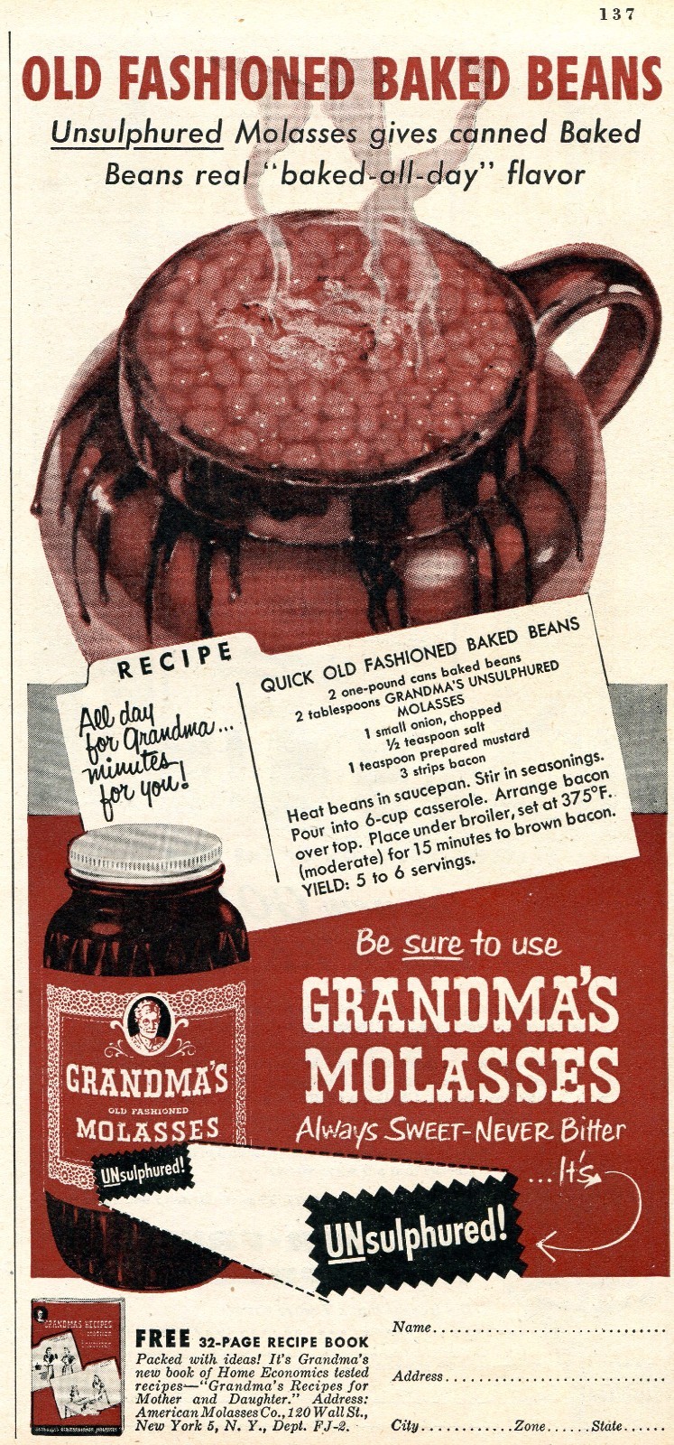 1953 Print Ad of Grandma's Old Fashioned Molasses Baked Beans Recipe | eBay