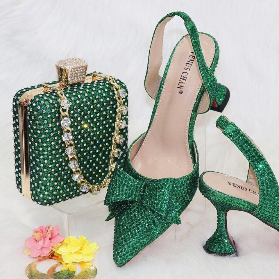Womens Rhinestone Pointed Kitten Heel Sandals With Bag Set Party High ...