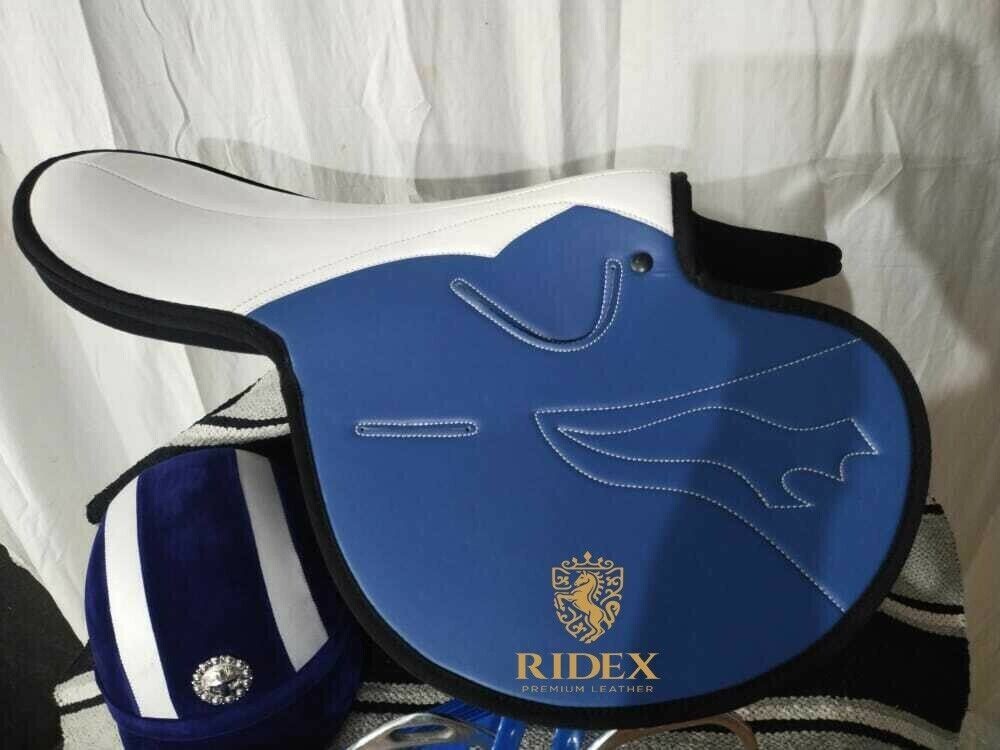 New Synthetic Race Exercise Saddle White And Blue Light Weight with ...