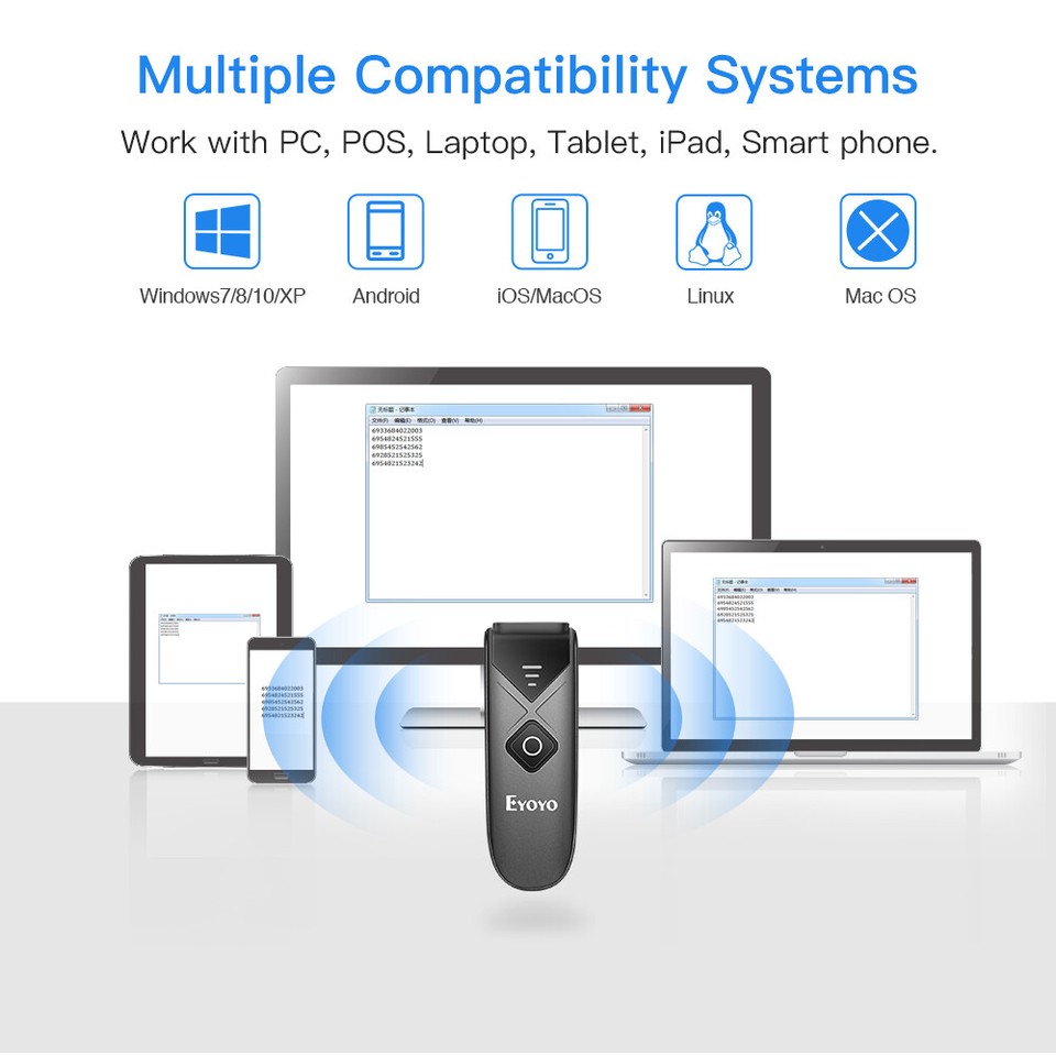 Eyoyo Mini 2D QR Barcode Scanner Bluetooth Warehouse 1D QR Code ...