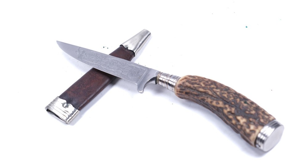 VTG OLD GERMAN KUNO RITTER SOLINGEN ENGRAVED STAG HORN HUNTING KNIFE W ...