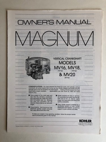 Kohler Engines Owner's Manual - Model MV16, MV18, MV20 *Instruction ...