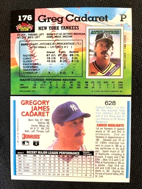 MLB - Greg Cadaret 1992 Topps Stadium Club & 1992 Donruss - Yankees | eBay