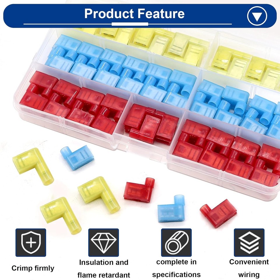 90Pcs Right Angle Spade Connector Wire Terminal Crimp Connectors Quick ...