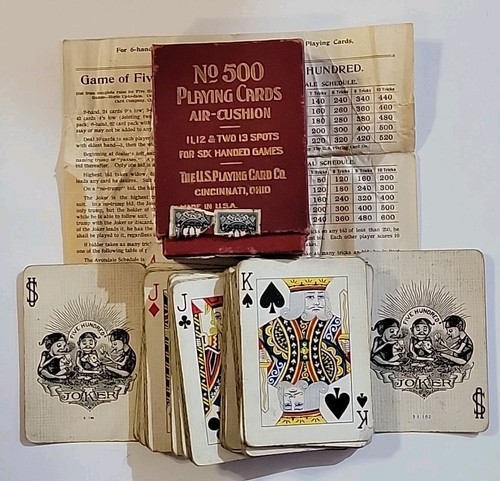 No. 500 Playing Cards 62 cards + 2 Joker Pre WWI w/box red well played ...