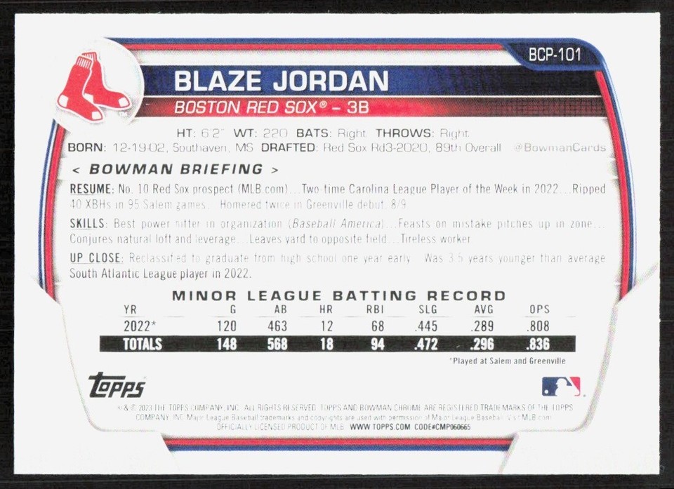 Blaze Jordan 2023 Bowman Chrome Prospects . Rookie Card #BCP-101 Boston ...