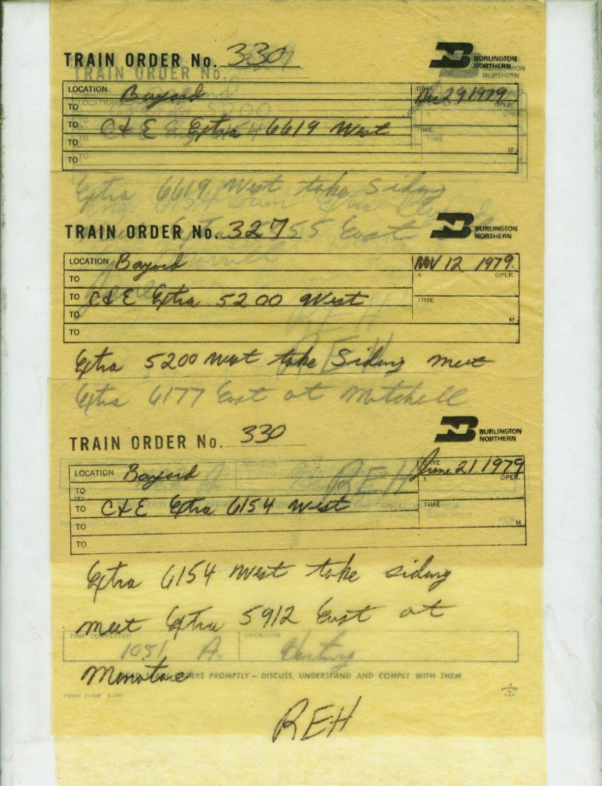 BURLINGTON NORTHERN RAILROAD TRAIN ORDERS (18) BAYARD, NEBRASKA 1974 ...