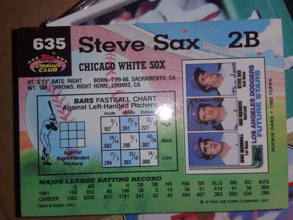 STEVE SAX CHICAGO WHITE SOX TOPPS 365 BASEBALL CARD STADIUM CLUB 1992 ...