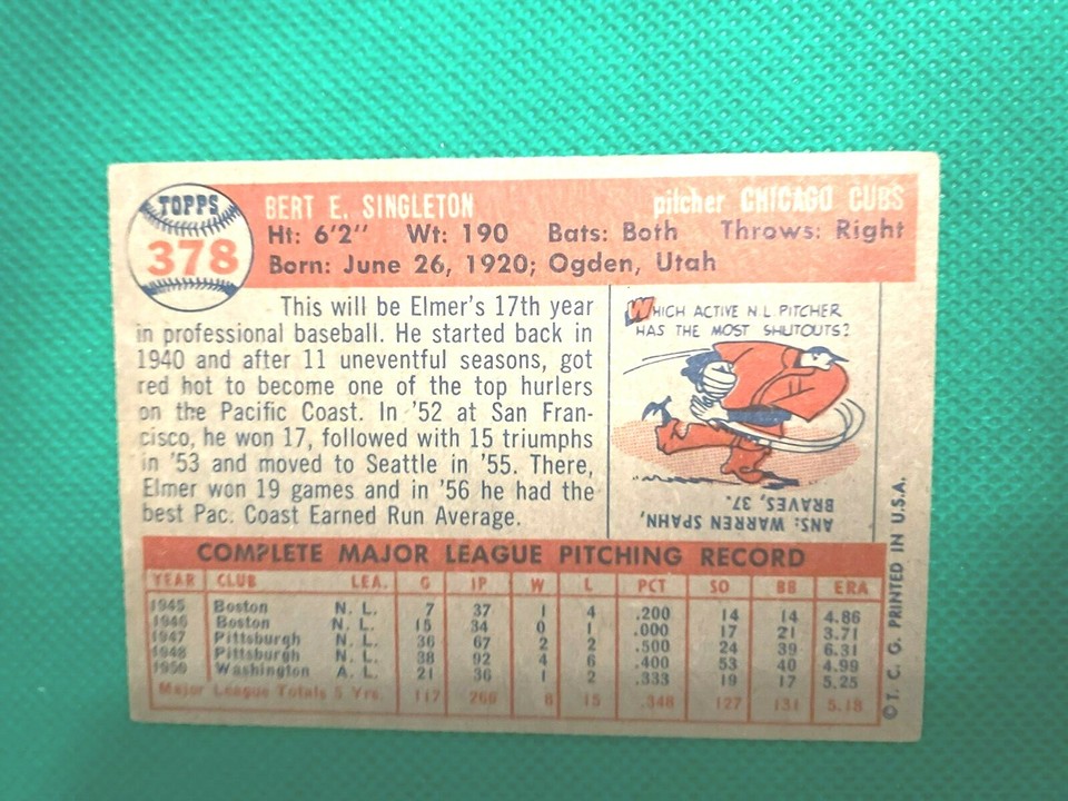 1957 TOPPS # 378 ELMER SINGLETON | eBay