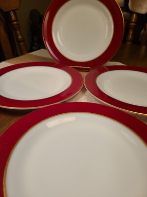 Set of 4 Vintage Pyrex Red Band White Milk Glass 10" Dinner Plates Gold ...