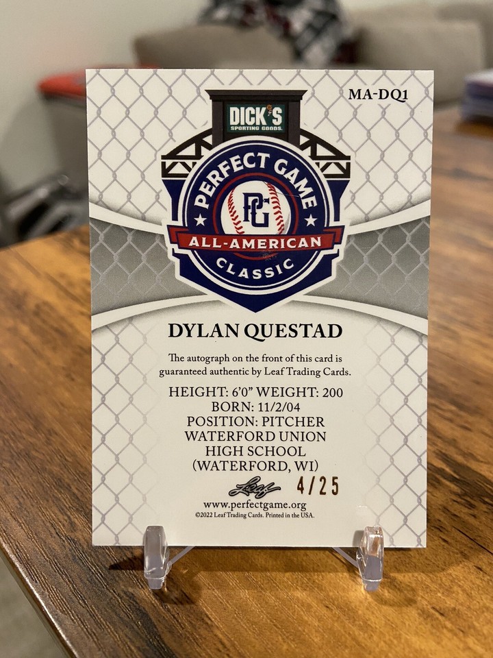 2022 Leaf Perfect Game - Dylan Questad Rookie Auto RC #/25 🔥📈 Twins ...