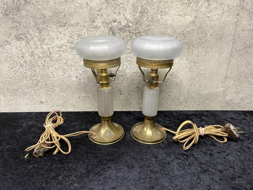 Vintage Art Nouveau Table Lamps Pr Frosted Glass Mushroom Style Shades ...