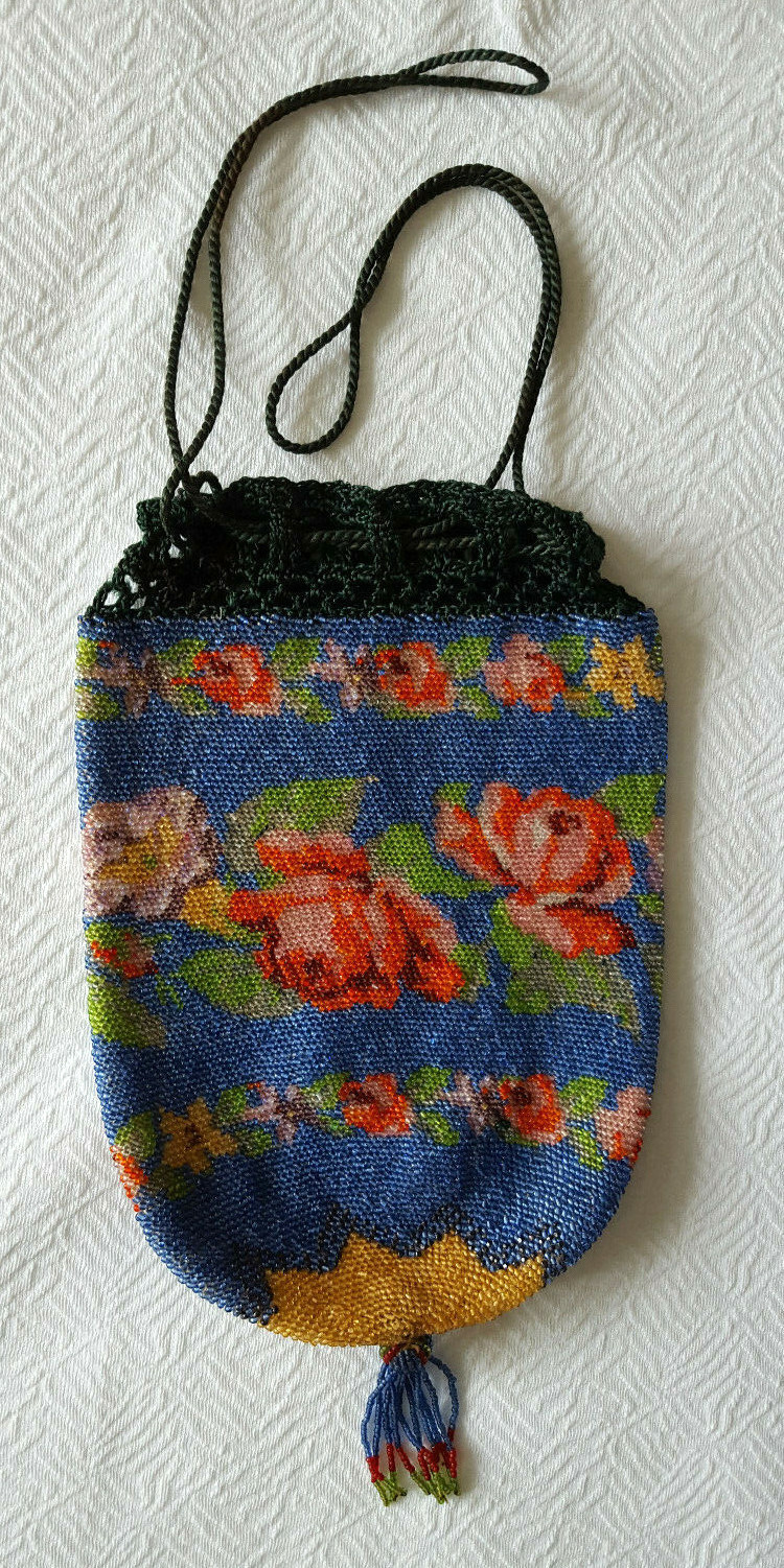 VINTAGE BEADED RETICULE DRAWSTRING BAG PURSE; GERMANY - Gem