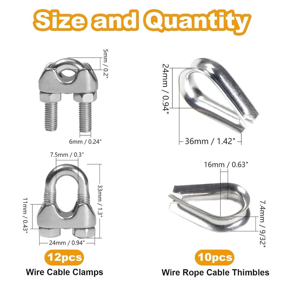 22 Pcs Wire Rope Cable Clamps Kit 1/4 Inch M6 Stainless Steel with ...