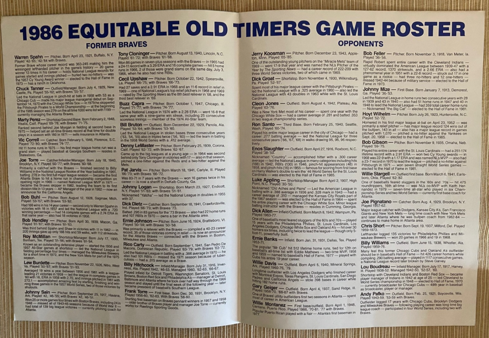 1986 ENOS SLAUGHTER SIGNED EQUITABLE OLD TIMERS GAME PROGRAM POSTER ...