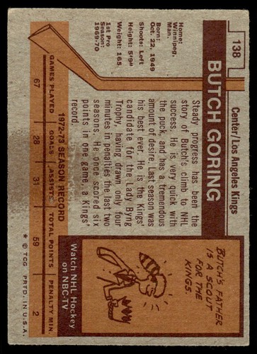 1973-74 Topps Butch Goring Los Angeles Kings #138 | eBay