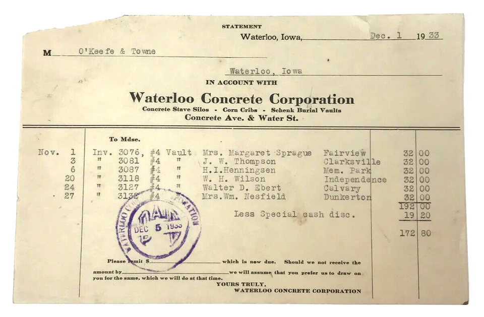 Vintage Waterloo Concrete Corporation Letterhead Invoice Bill Receipt ...