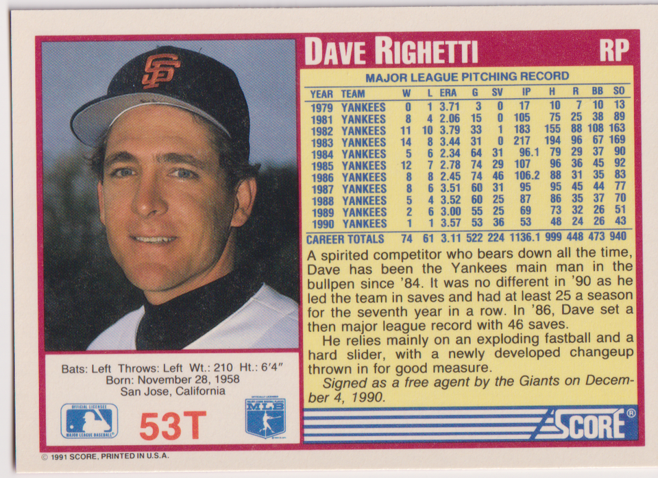 1991 Score Traded #53T Dave Righetti San Francisco Giants | eBay