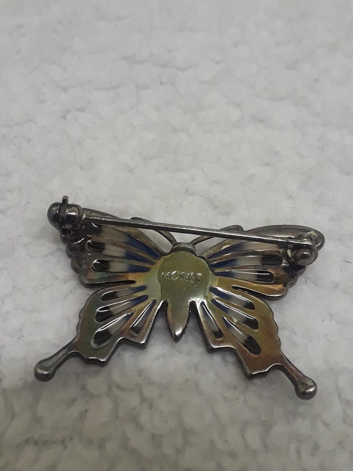 MONET Butterfly Brooch Pin PLIQUE a Jour Enamel Rhinestone Blue Signed ...