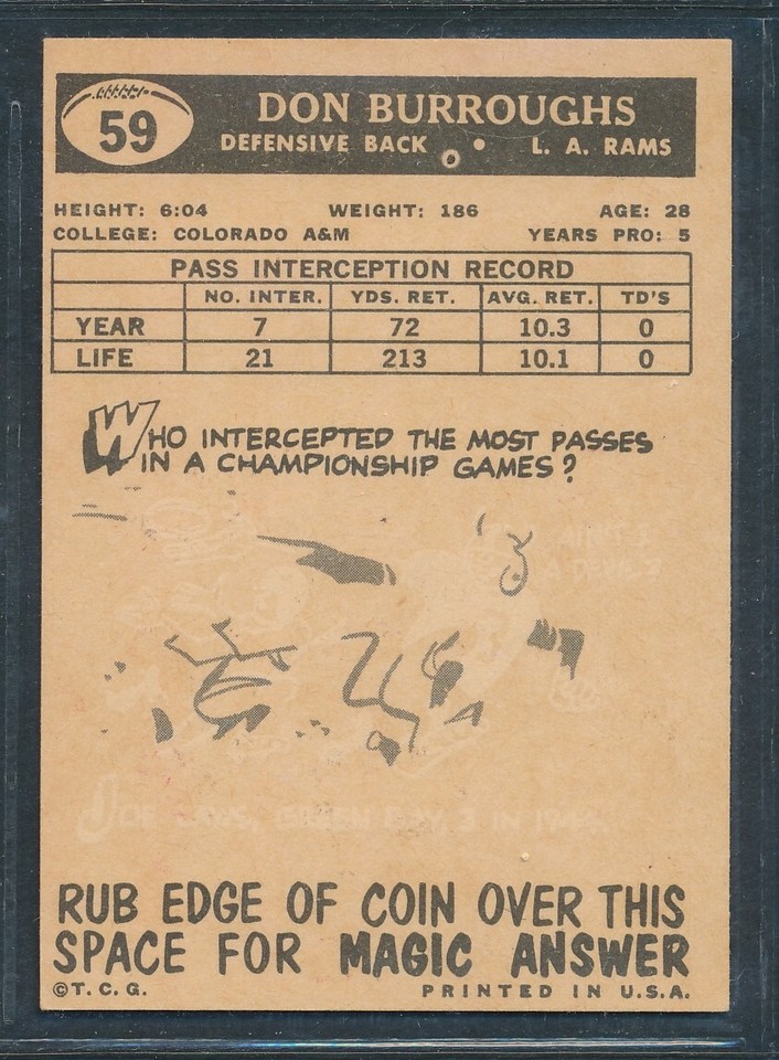 1959 Topps Football #59: DON BURROUGHS Rookie RC Los Angeles Rams ~ EX ...
