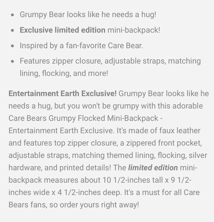 Care Bears Grumpy Bear Flocked Mini-Backpack - Entertainment Earth ...