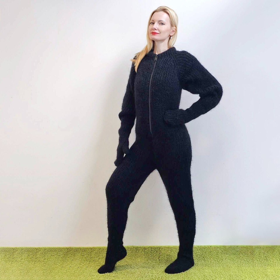 Black catsuit thick fuzzy mohair overall mittens socks separate ...