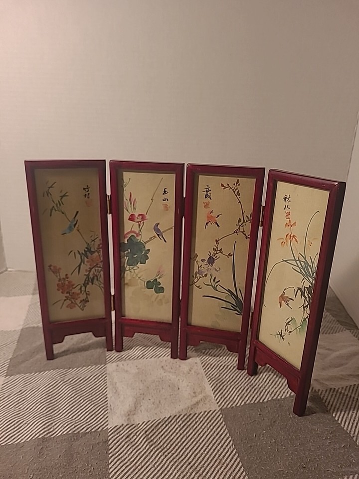 Vtg Chinese Tabletop Mini Folding Screen 4 Panels Handpainted | eBay