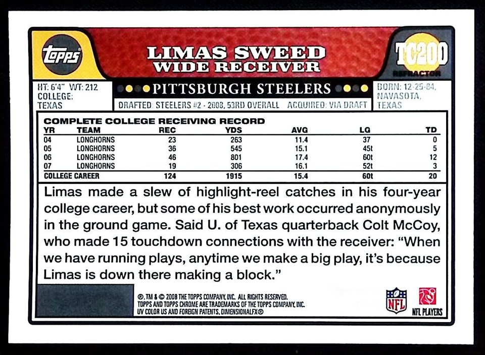Limas Sweed - 2008 Topps Chrome #TC200 Refractor - Rookie Card ...